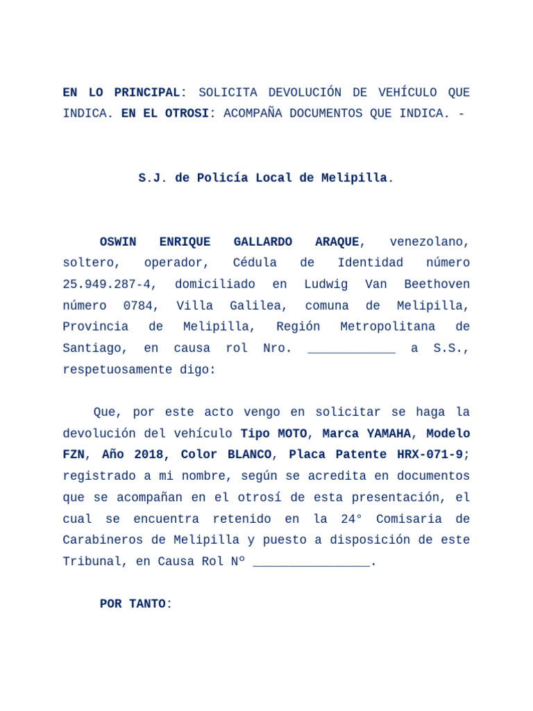 Escrito Devolucion Moto | PDF