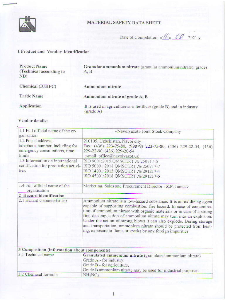 MSDS Ammonium Nitrate JSC Navoiazot | PDF | Chemistry | Ammonia