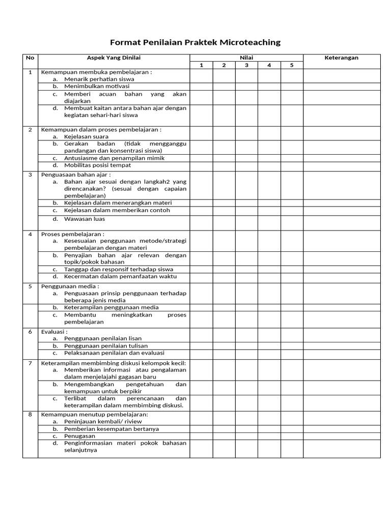 Format Penilaian Praktek Microteaching | PDF