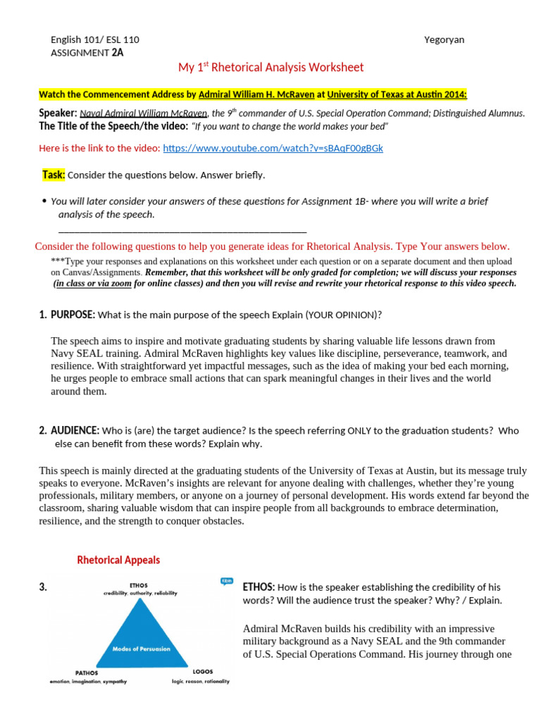 A2a_ My 1st Rhetorical Analysis WORKSHEET_ Make Your Bed-speech-1 | PDF ...
