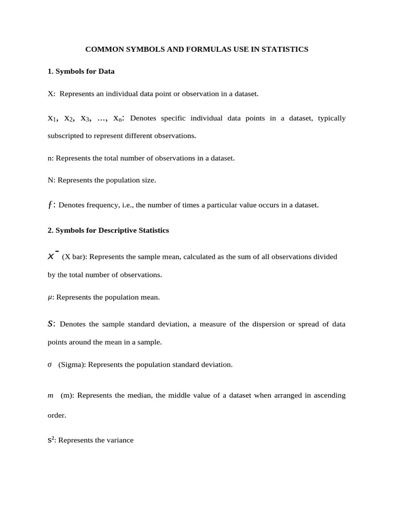 COMMON SYMBOLS AND THEIR MEANINGS USED IN STATISTICS | PDF | Quartile | Statistical Theory