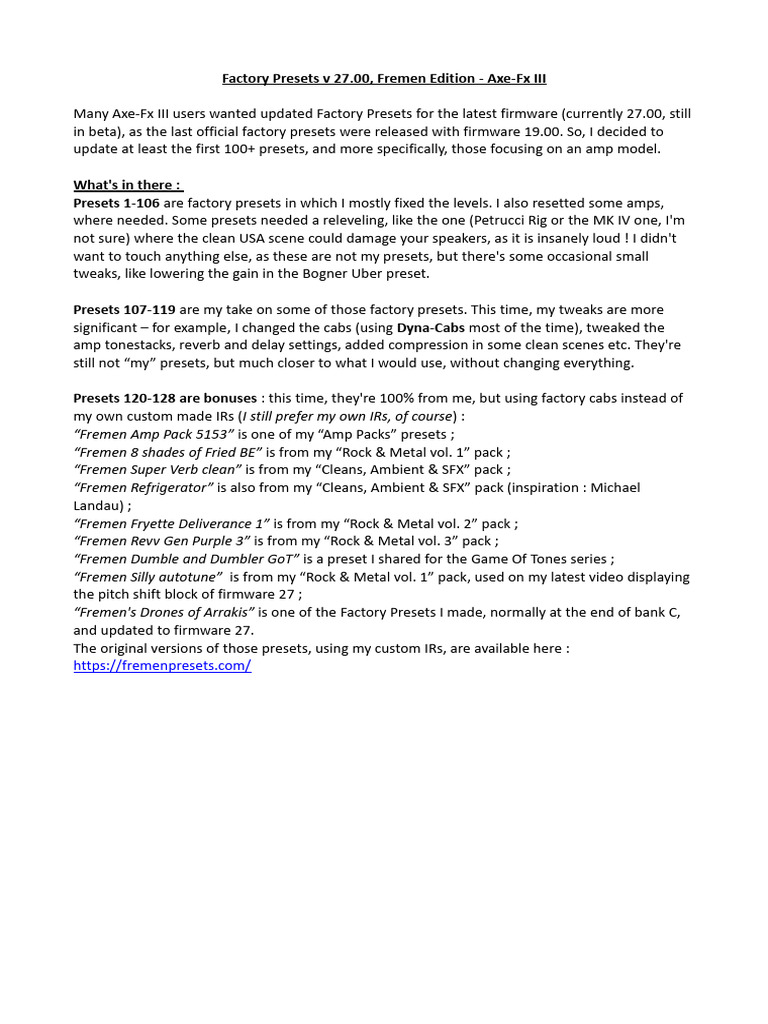 Axe-Fx III Factory Presets v 27.00, Fremen Edition | PDF