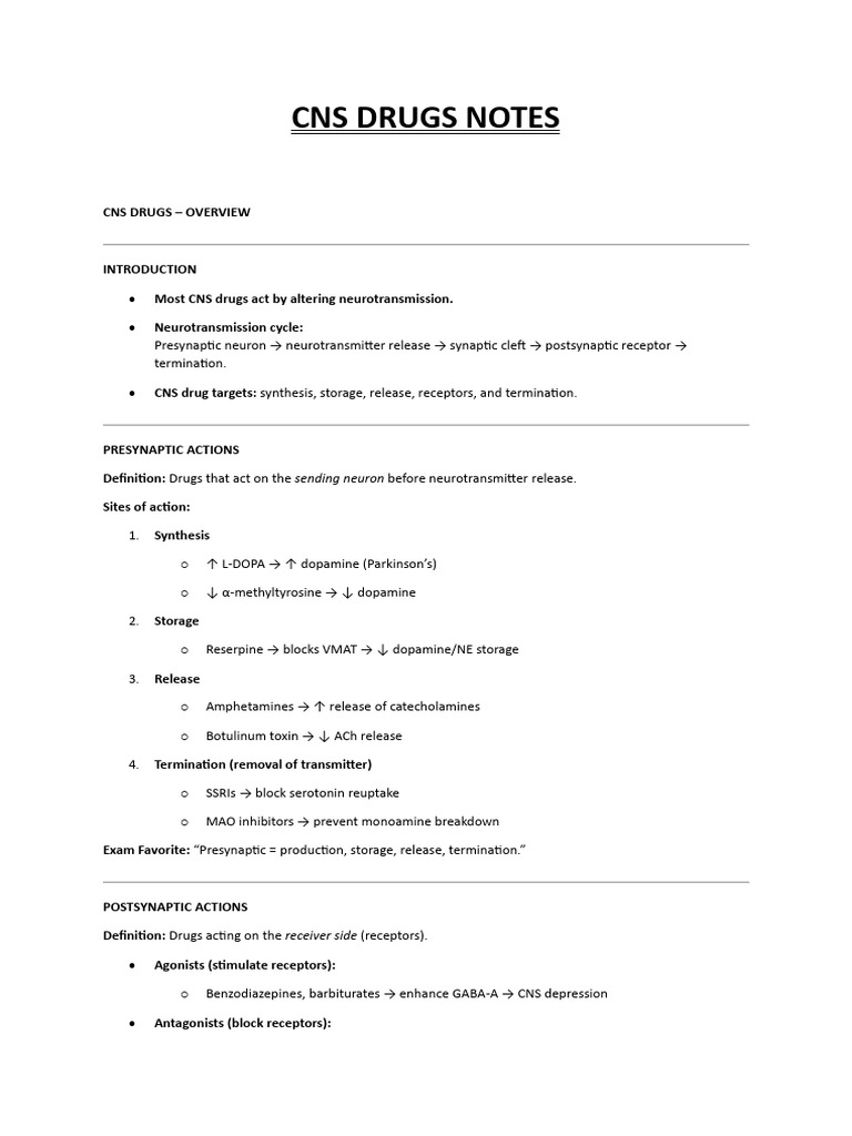 Overview of CNS Drugs and Neurotransmission | PDF | Inhibitory ...