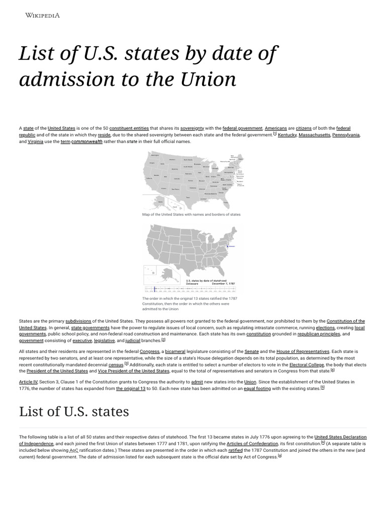 U.S. States by Admission Date | PDF | U.S. State | Ratification