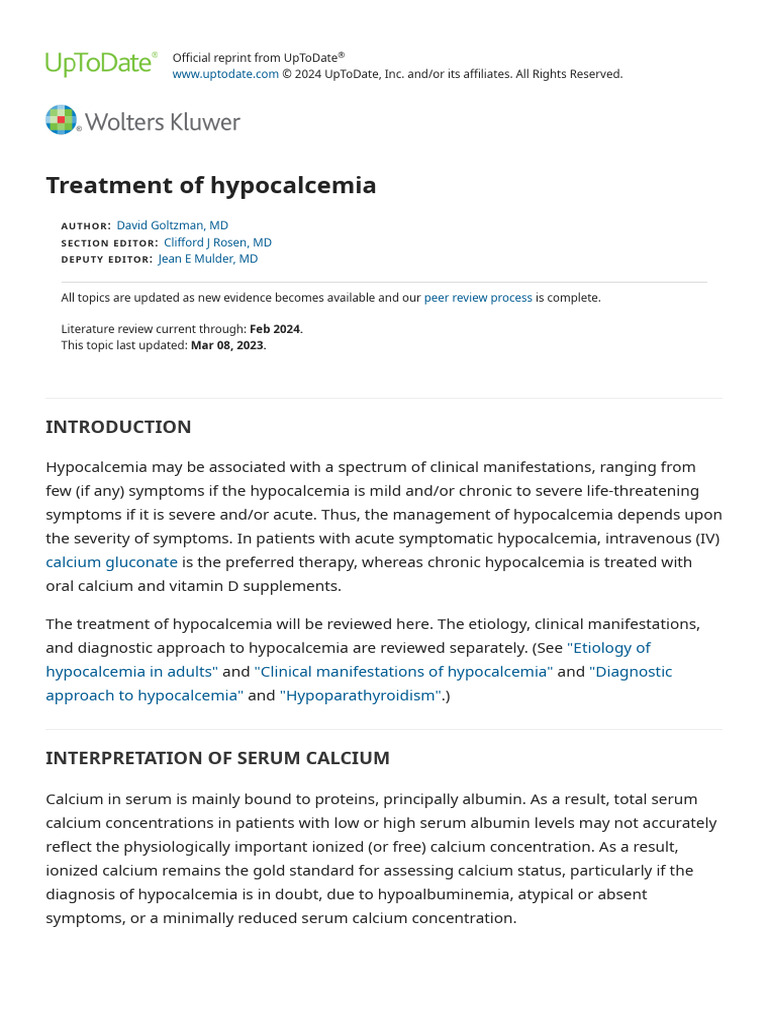 Treatment of Hypocalcemia - UpToDate | PDF | Vitamin D | Diseases And Disorders