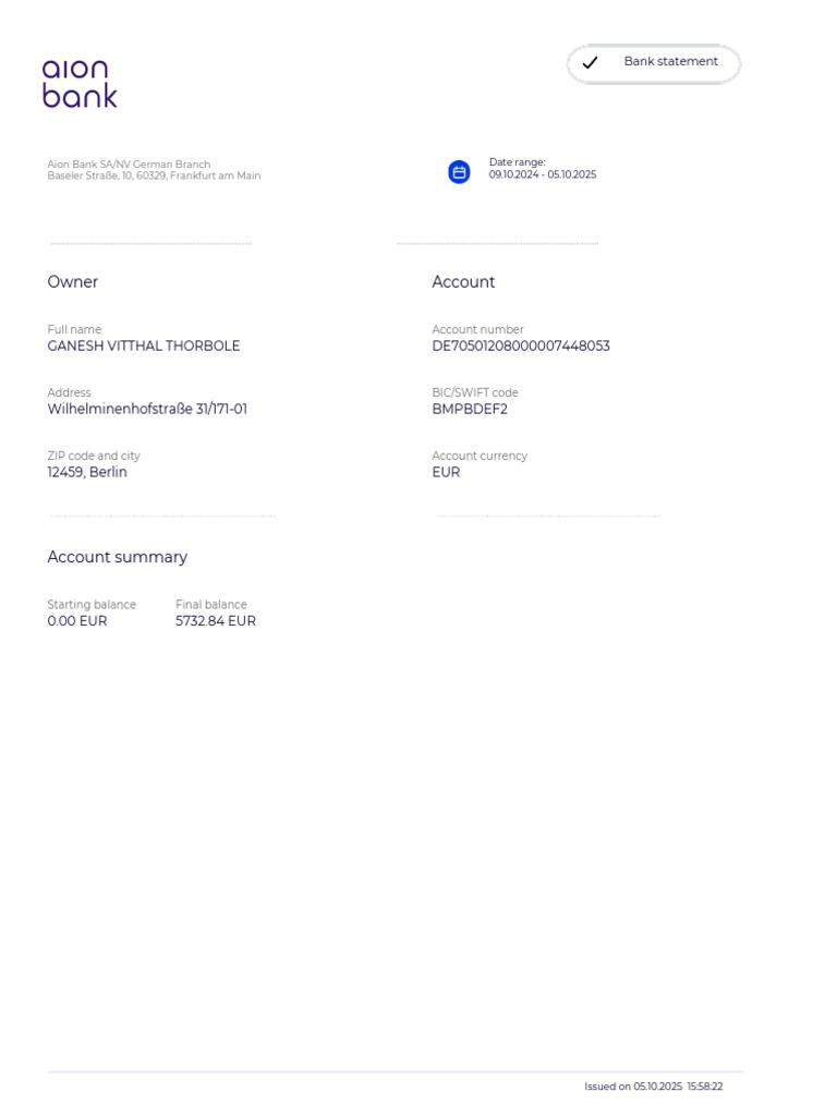Aion Bank Statement for Ganesh Thorbole | PDF | Euro | Cash