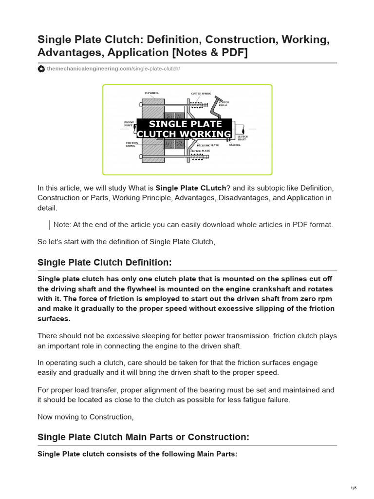 Single Plate Clutch - Definition, Construction, Working, Advantages ...