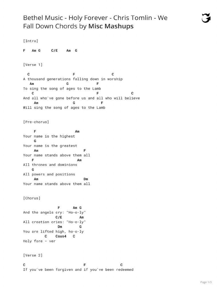 Bethel Music - Holy Forever - Chris Tomlin - We Fall Down Chords | PDF