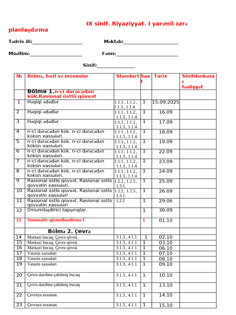 9-Cu Sinif Riyaziyyat Illik Planlaşdırma (2025-2026 Tarixli) | PDF