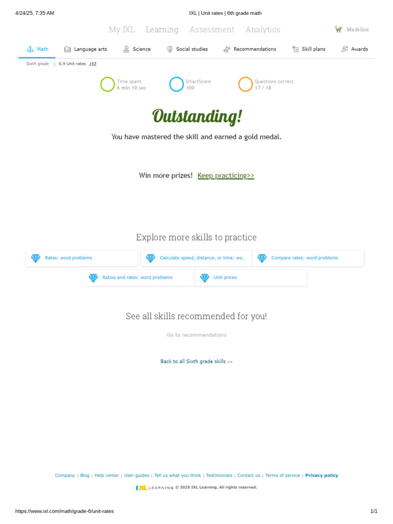 IXL - Unit Rates - 6th Grade Math | PDF