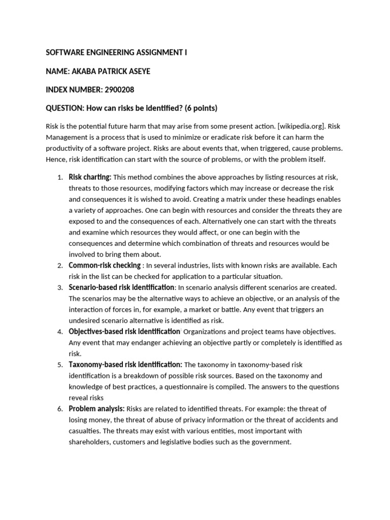 Software Engineering Assignment I | PDF | Risk