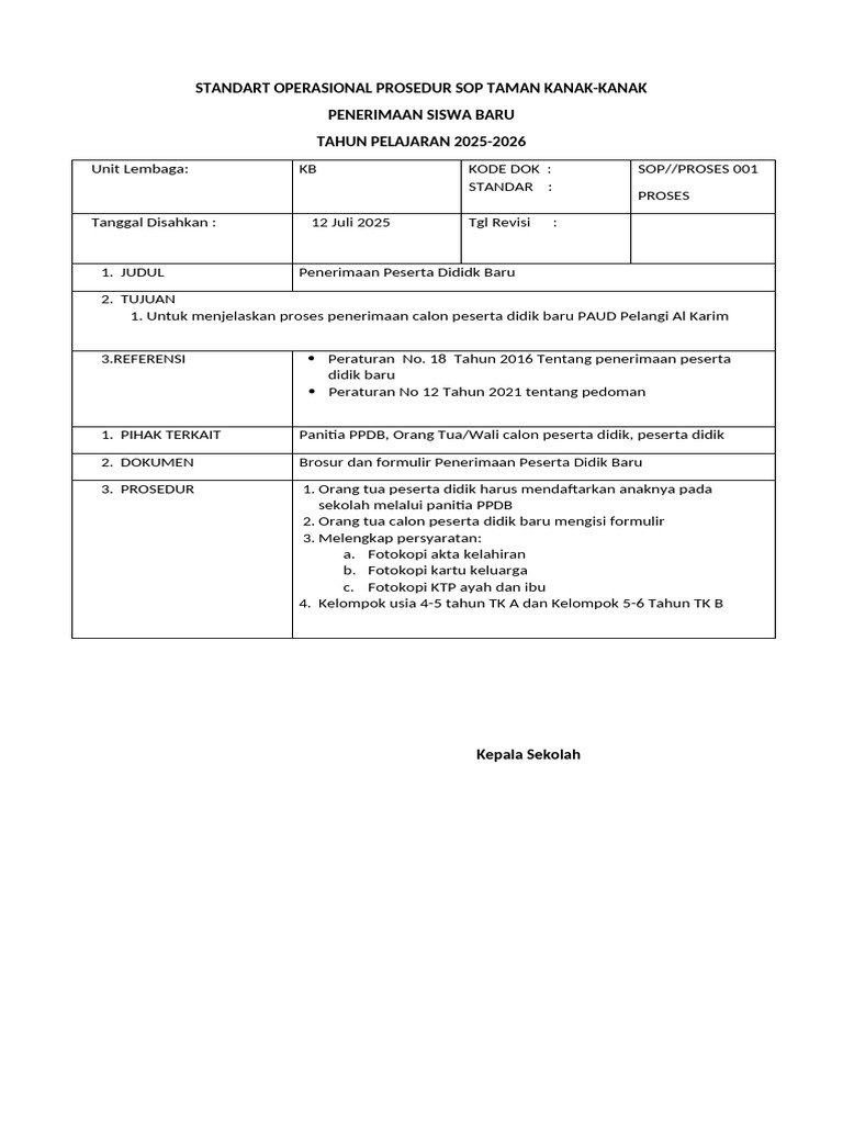 SOP Penerimaan Siswa Baru TK 2025-2026 | PDF