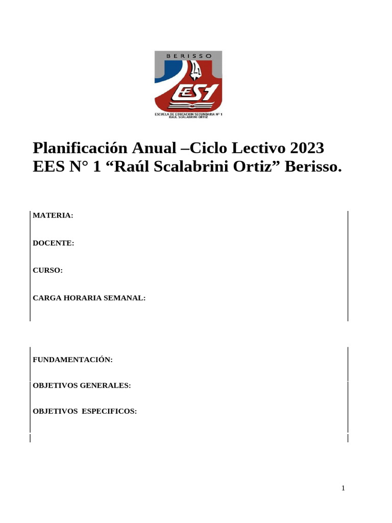 Planificación Anual EES N° 1 2023 | PDF