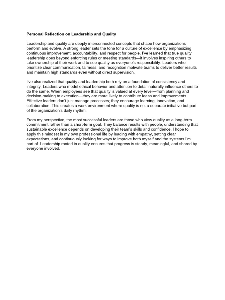 Personal Reflection On Leadership and Quality | PDF