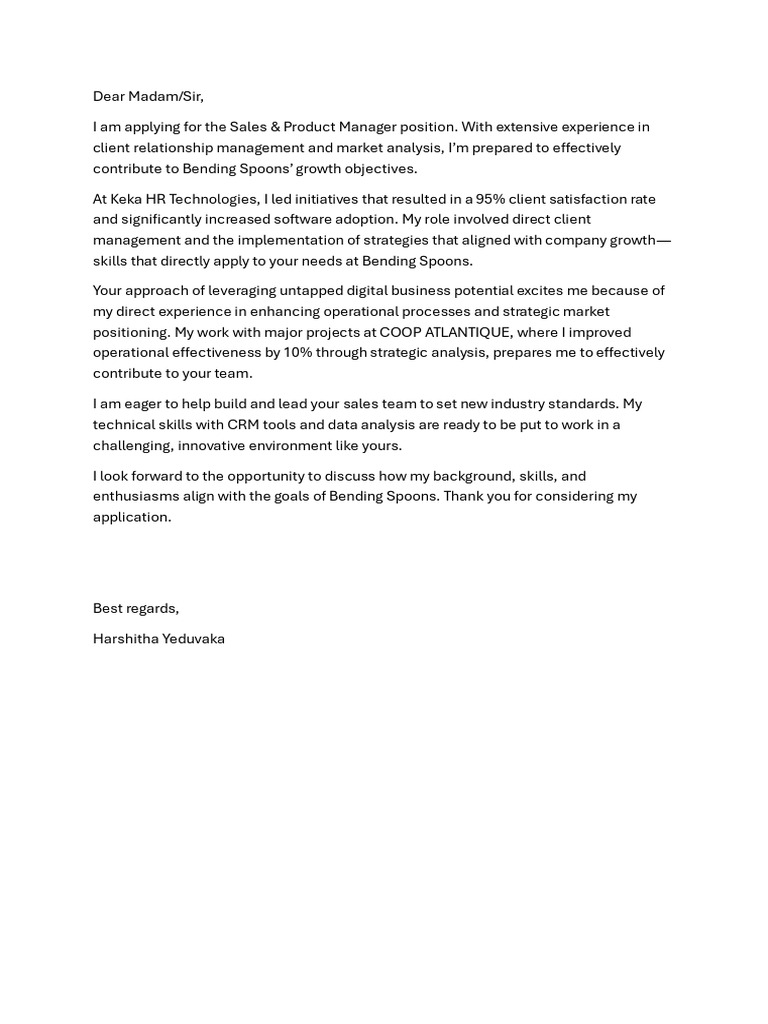 Bending Spoons (Cover Letter) | PDF