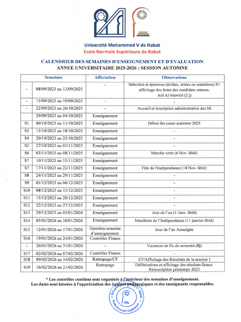 Calendrier Des Semaines D'enseignement Et D'évaluation - Année ...