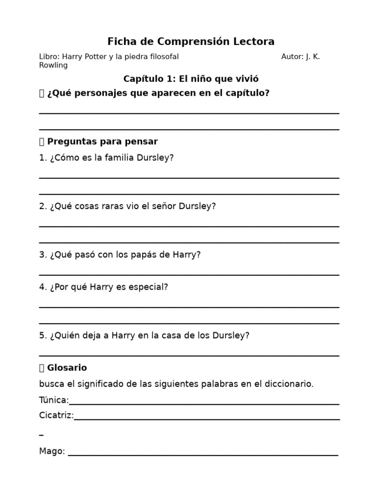 Ficha de Comprensión Lectora Harry Potter | PDF | J. K. Rowling | Harry ...