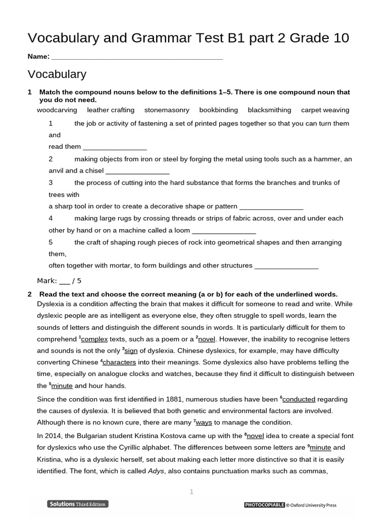 B1 Vocabulary and Grammar Test | PDF | Dyslexia | Carpet
