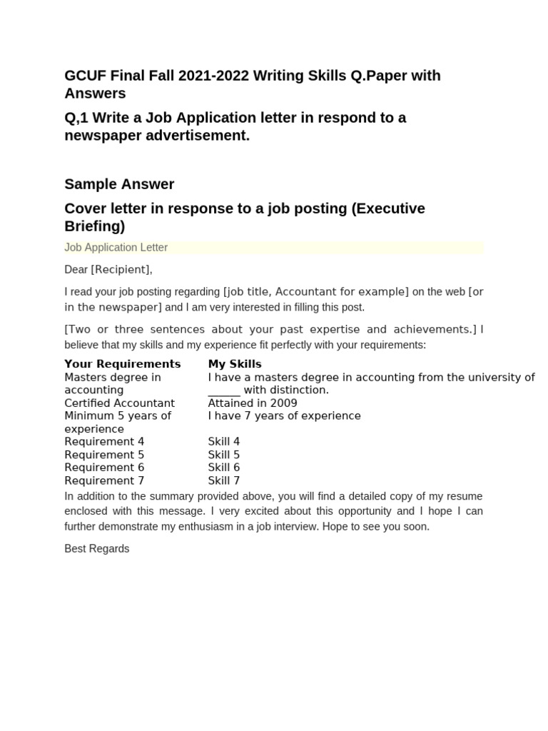 Writing Skills Gcuf Paper 2022 Sample Answers | PDF