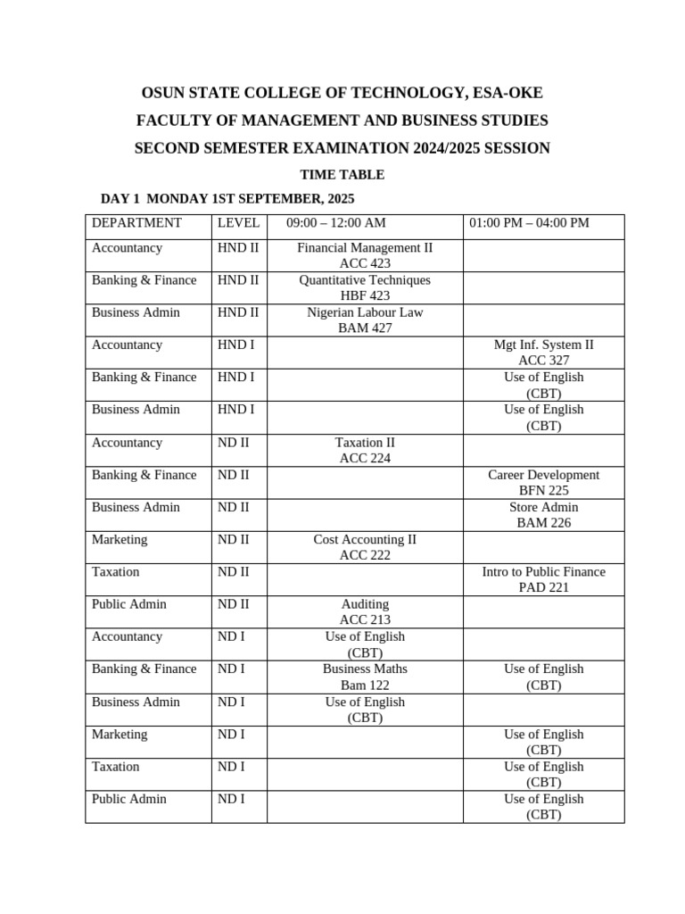 Osun State College Exam Timetable 2025 | PDF | Accounting | Financial ...