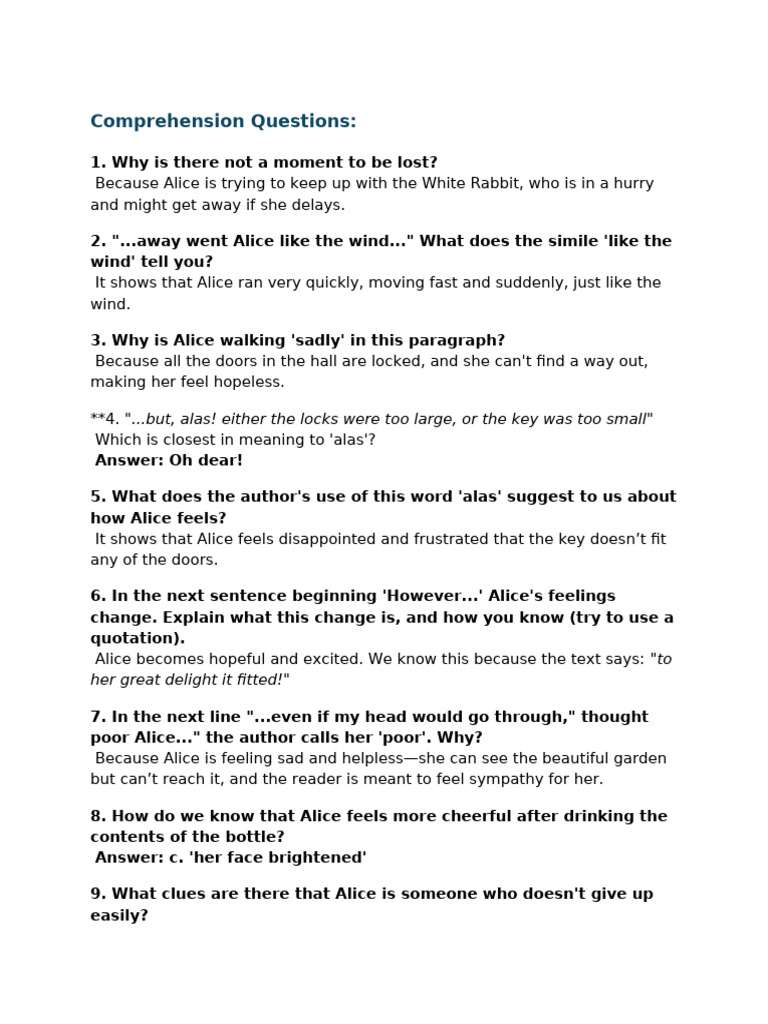 HW Reading Answers - Alice in Wonderland Extr | PDF