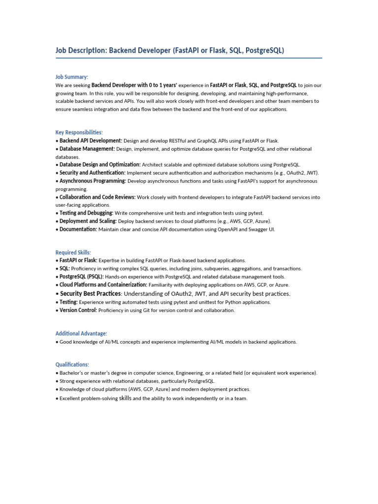 Backend Developer Job Description | PDF | Postgre Sql | Databases