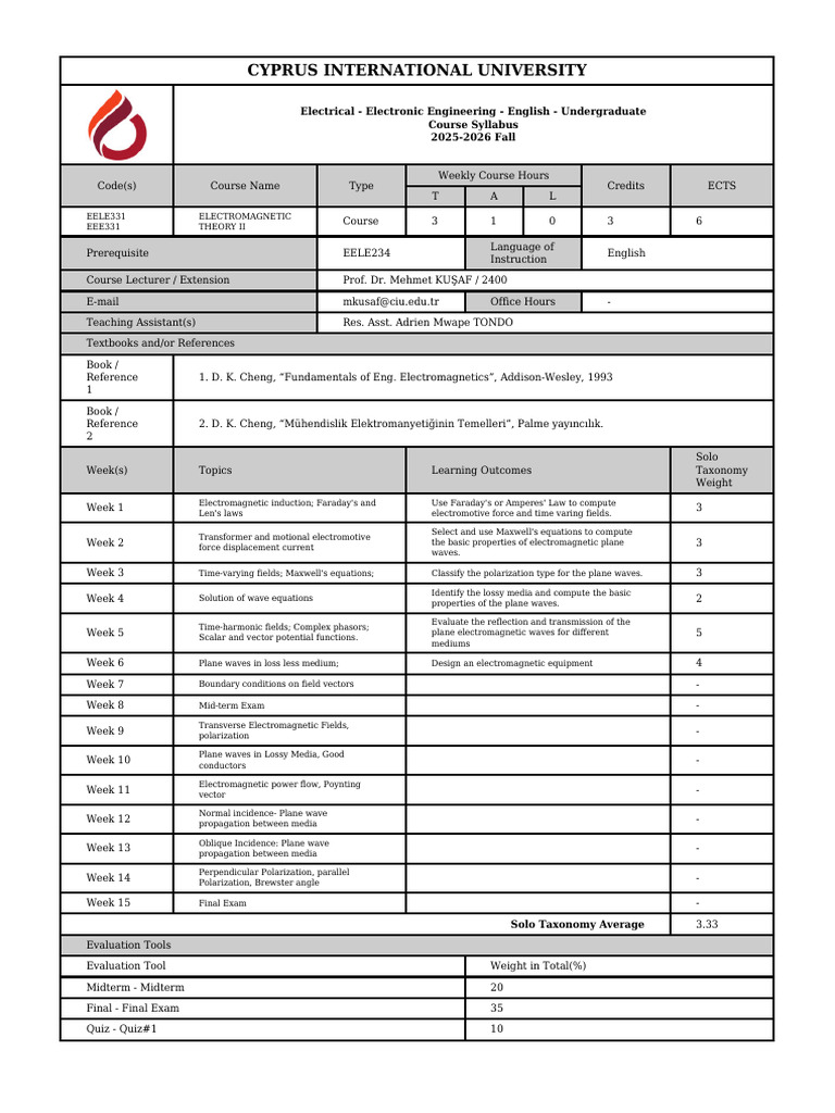 EELE331 GR01 (143388) Syllabus | PDF | Waves | Polarization (Waves)