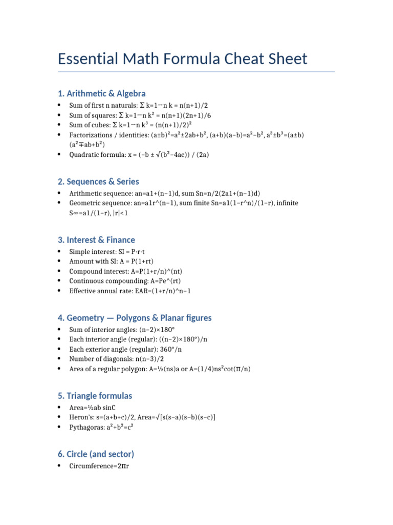 Essential Math Formulas Guide | PDF | Elementary Mathematics | Discrete ...