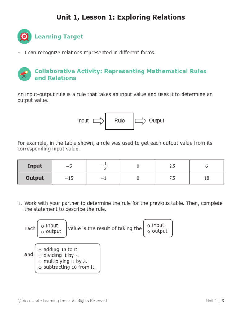 Unit 1, Lesson 1: Exploring Relations: Learning Target | PDF ...