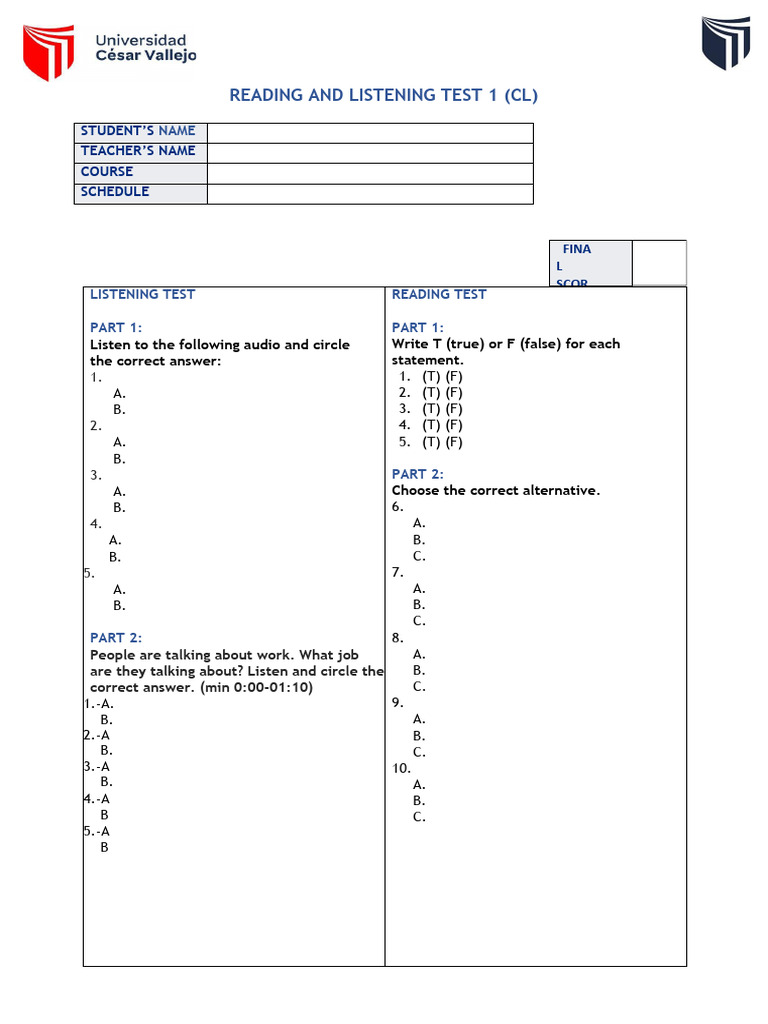 English I_reading and Listening Test 1 Para Estudiantes (1) | PDF