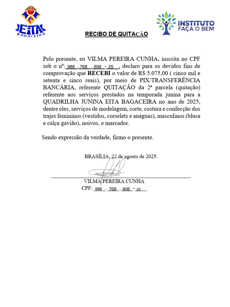 Recibo Costureira Vilma 2parcela | PDF