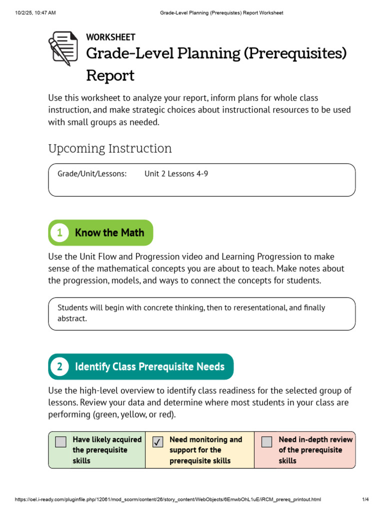 Grade-Level Planning (Prerequistes) Report Worksheet | PDF | Cognitive ...