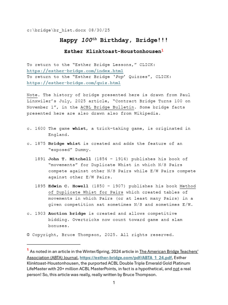 Bridge Birthday 100th | PDF | Contract Bridge | French Deck Card Games