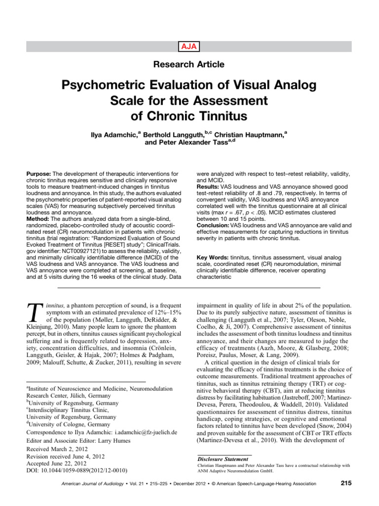 Adamchic Et Al (2012) Psychometric Evaluation of Visual Analog Scale ...