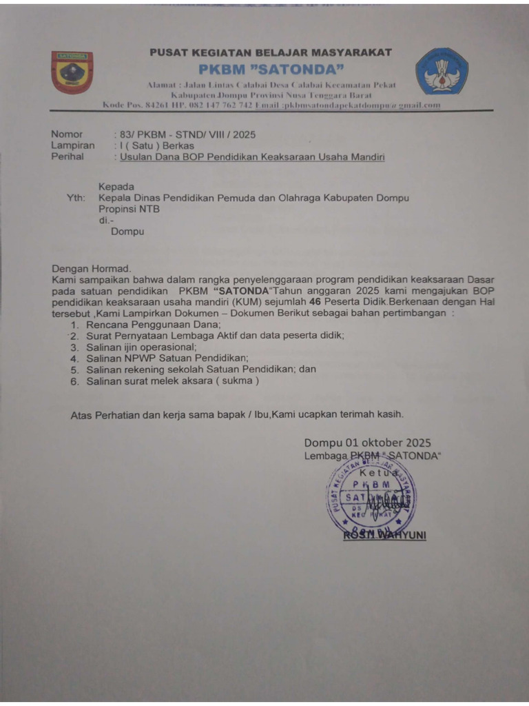 Usulan KL PKBM Satonda | PDF