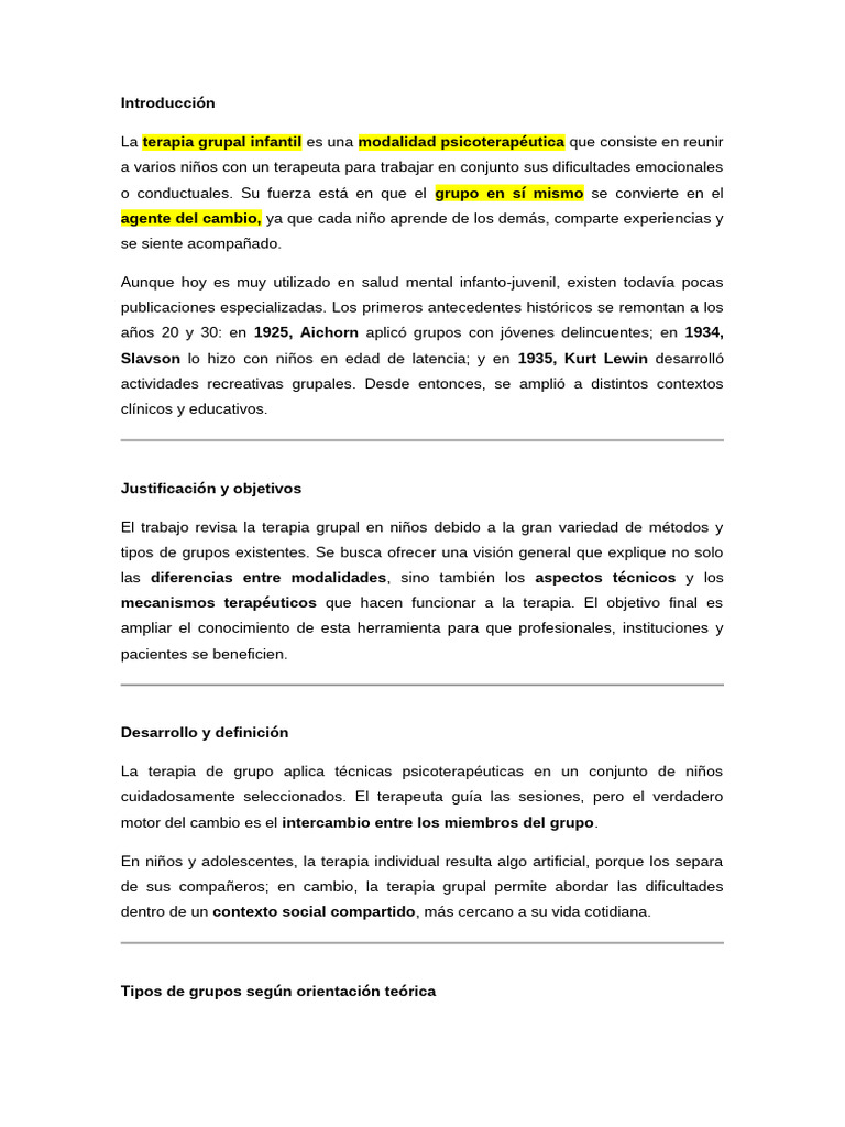 Terapia Grupal Infantil: Beneficios y Tipos | PDF | Psicoterapia ...