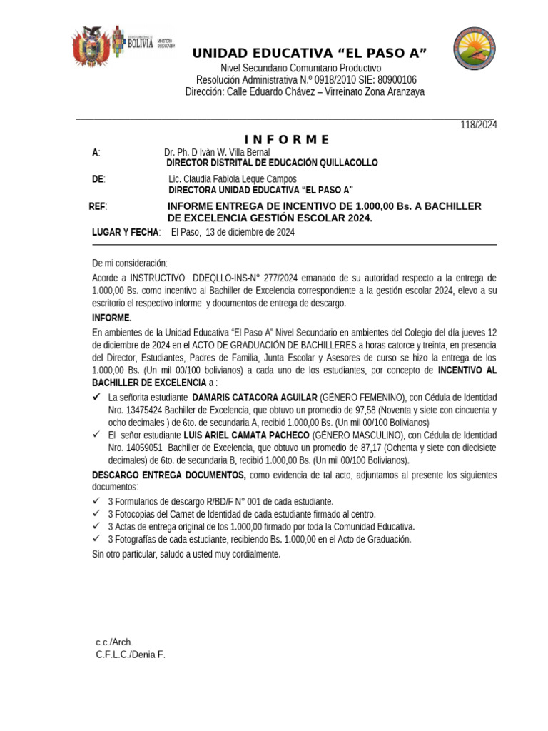 Carta Informe Descargo Bachiller Destacado 2024 | PDF