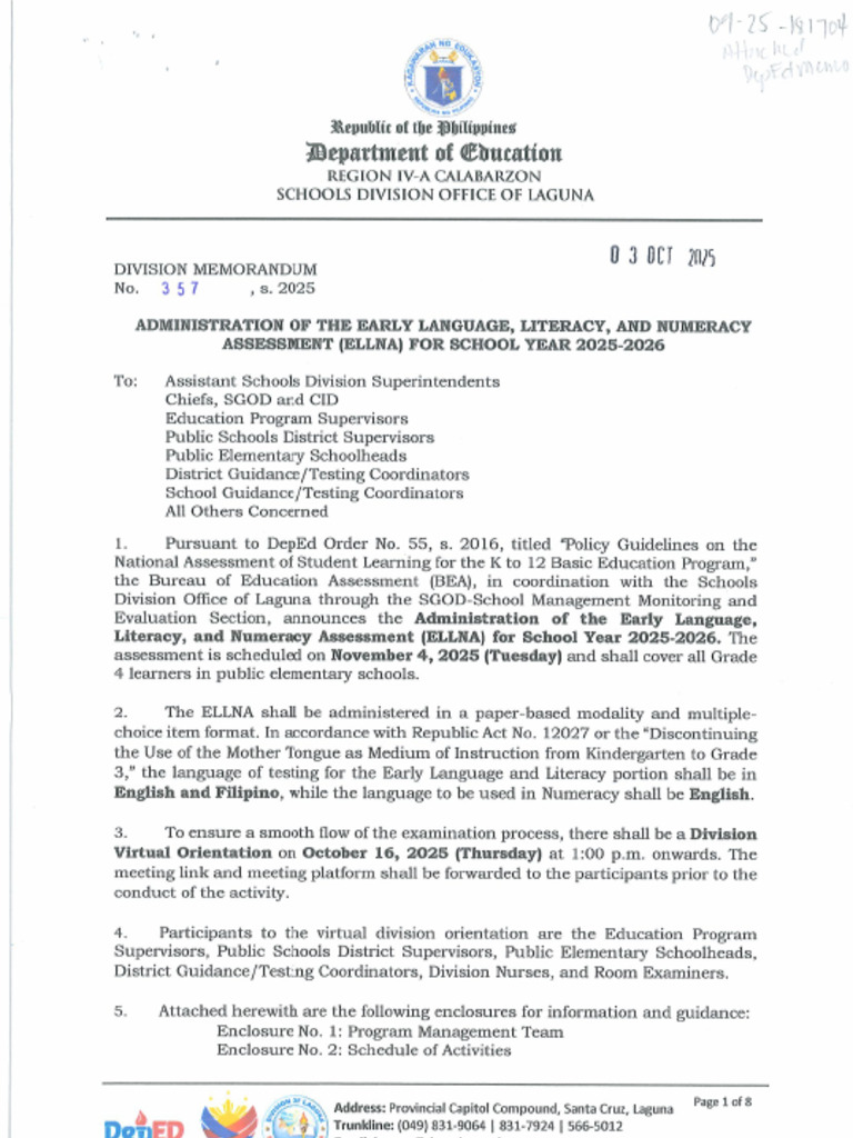 Dm357s2025 Administration of The Early Language Literacy and Numeracy ...