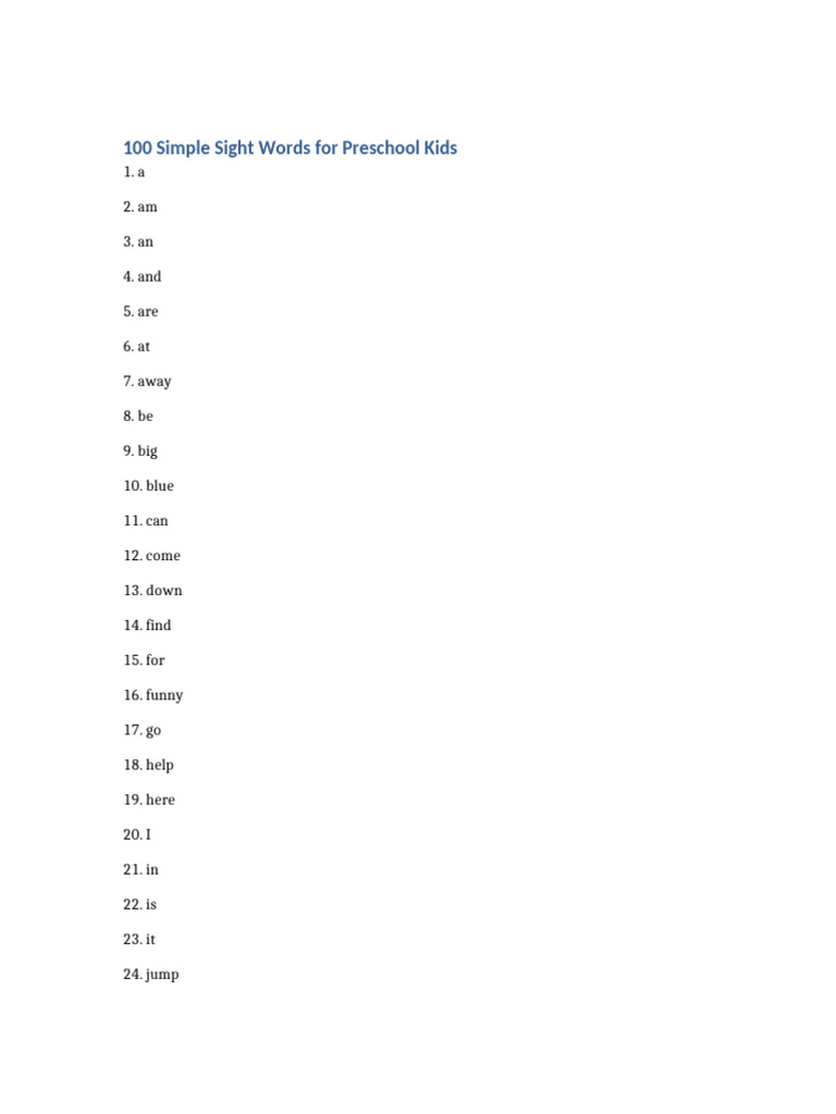 100 Simple Sight Words for Preschool | PDF