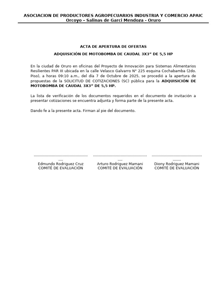 Acta de Apertura de Ofertas APAIC - Docx 3ra | PDF