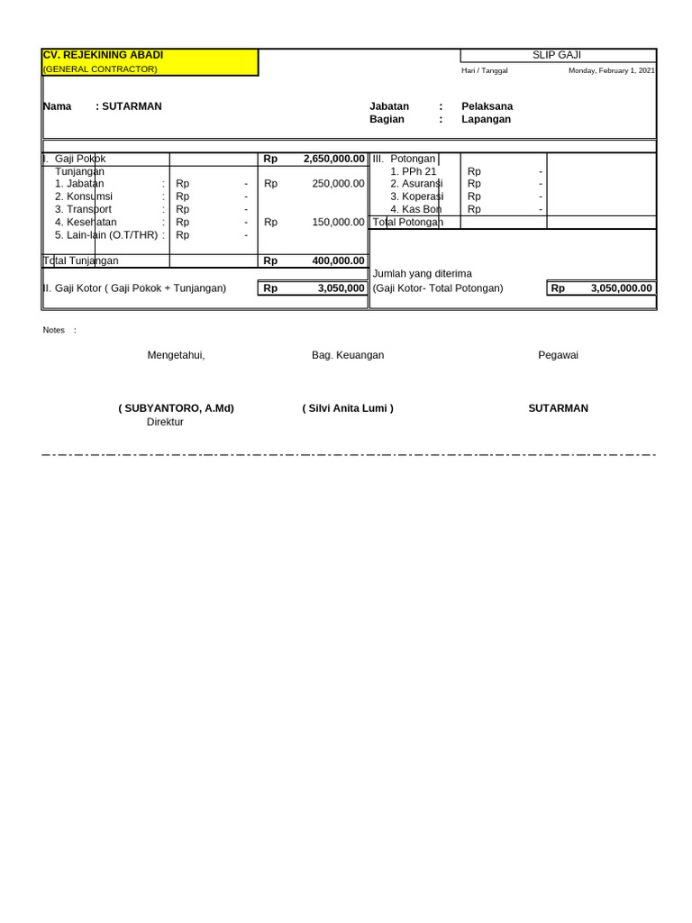 Slip Gaji Karyawan CV. Rejekining Abadi | PDF
