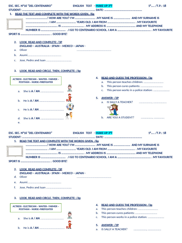 Test 6 - Verb To Be and Jobs | PDF