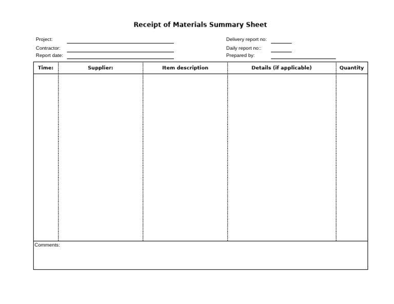 Receipt of Materials Summary Sheet | PDF