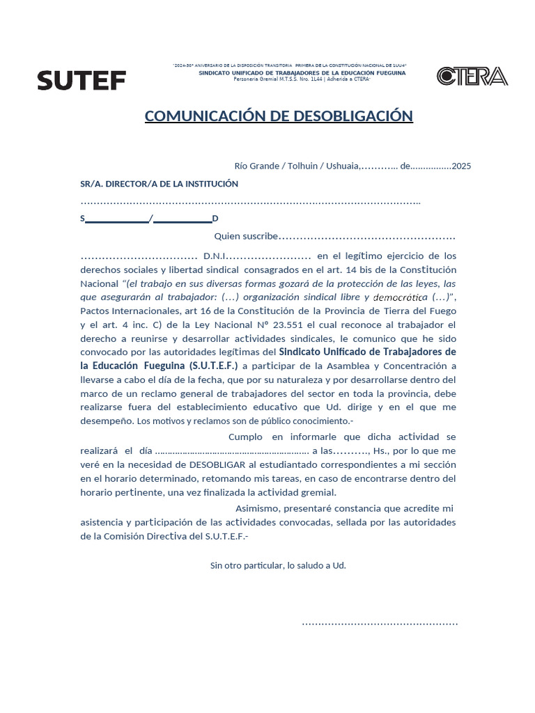 Comunicación de Desobligación Gremial | PDF