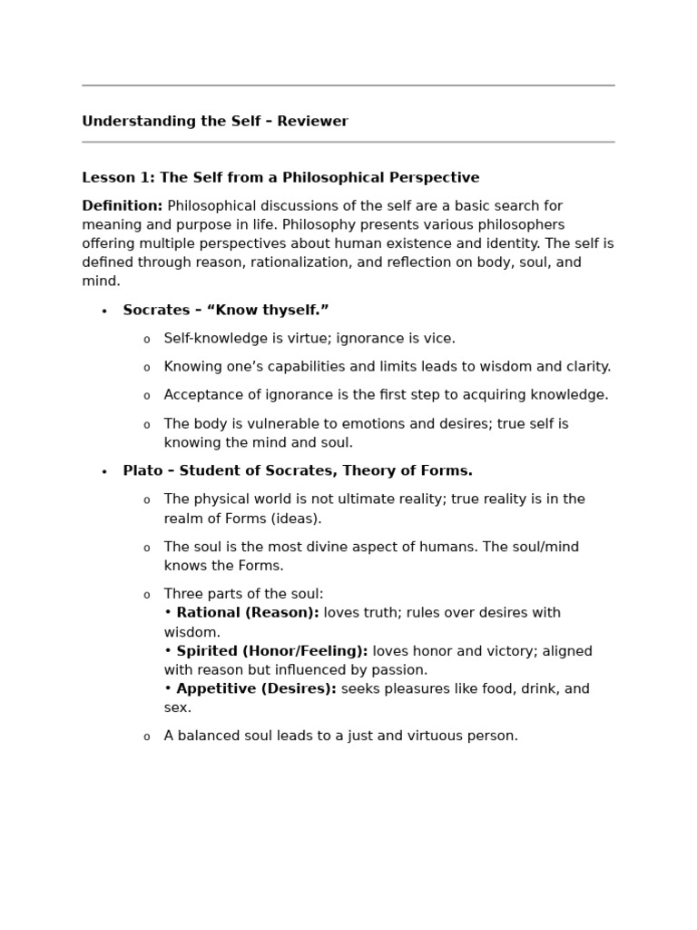 Understanding The Self - Reviewer (Lesson 1-5) | PDF | Philosophy Of Self | Soul