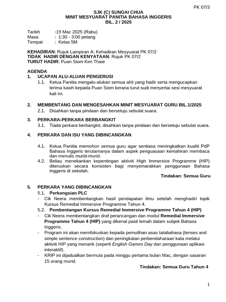 Minit Mesyuarat BI Bil. 2 2025 | PDF