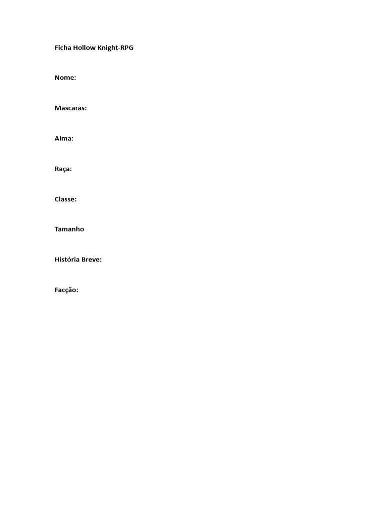 Ficha de Personagem Hollow Knight RPG | PDF