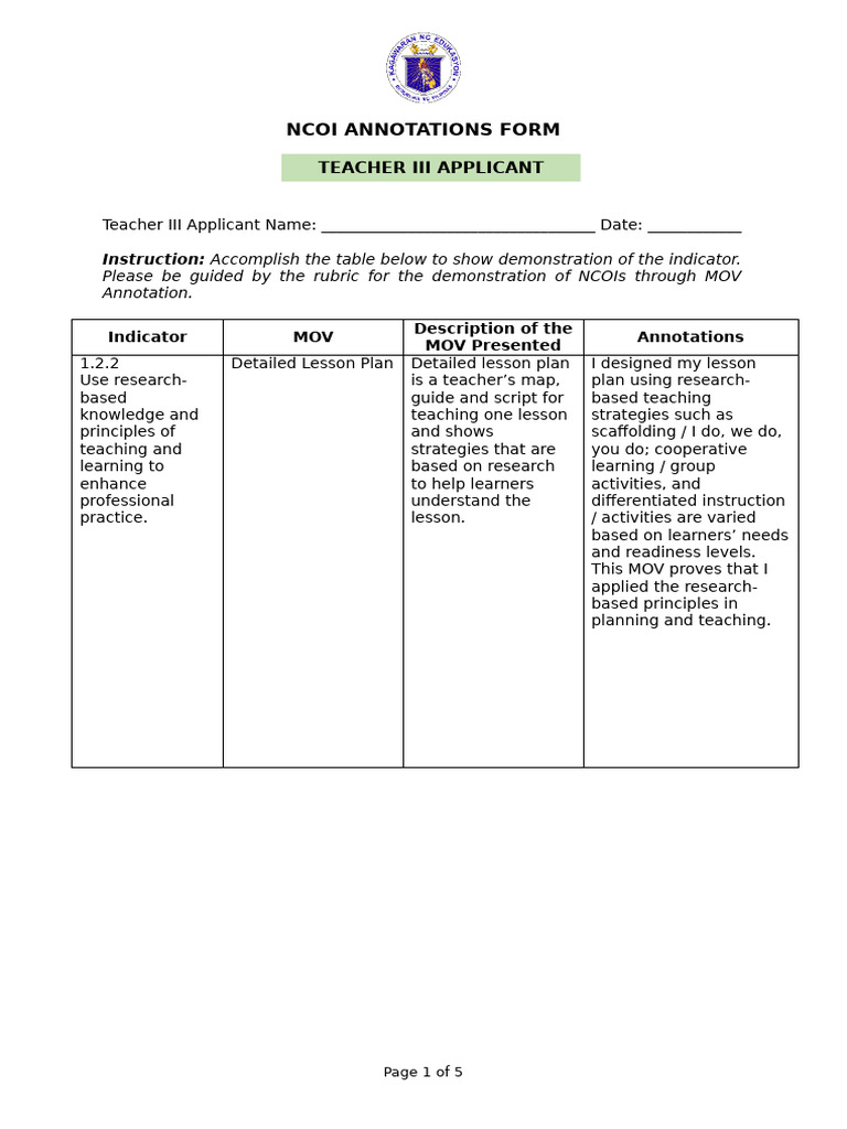NCOI Annotations for Teacher III | PDF | Lesson Plan | Learning