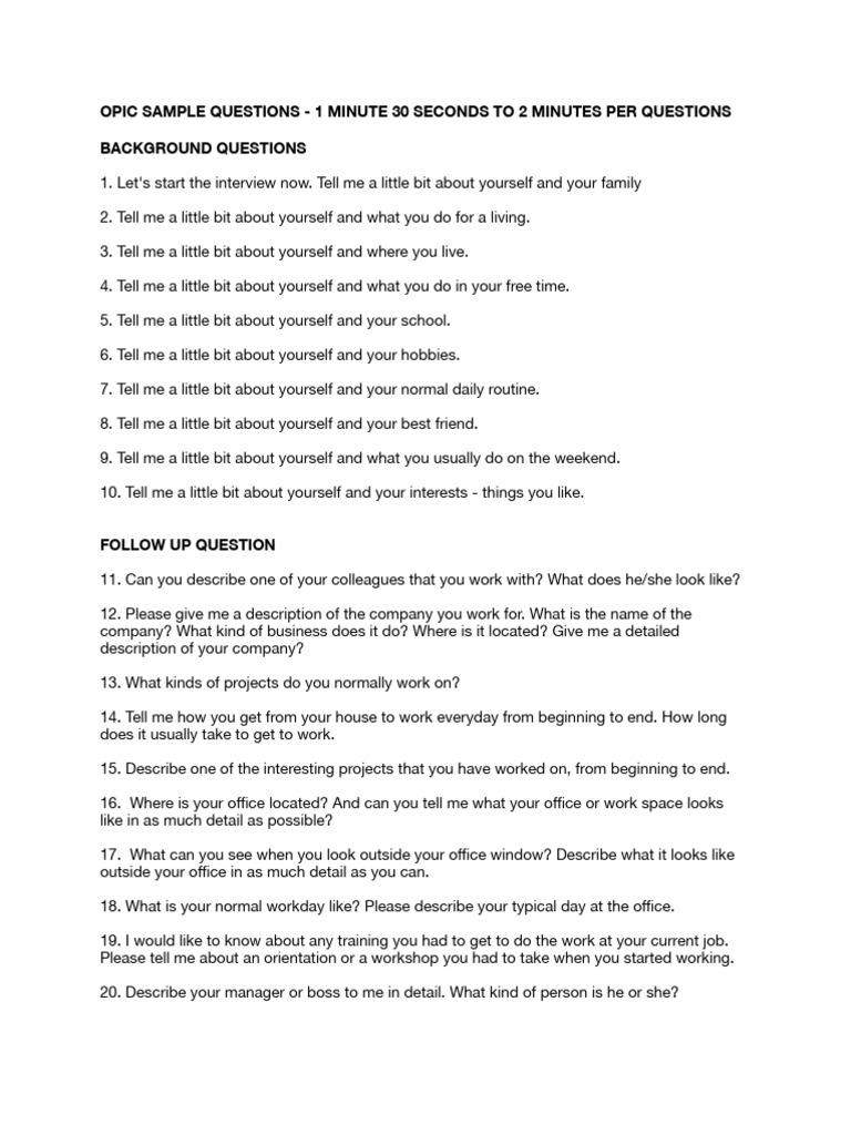 OPIC Speaking Test Sample Questions | PDF