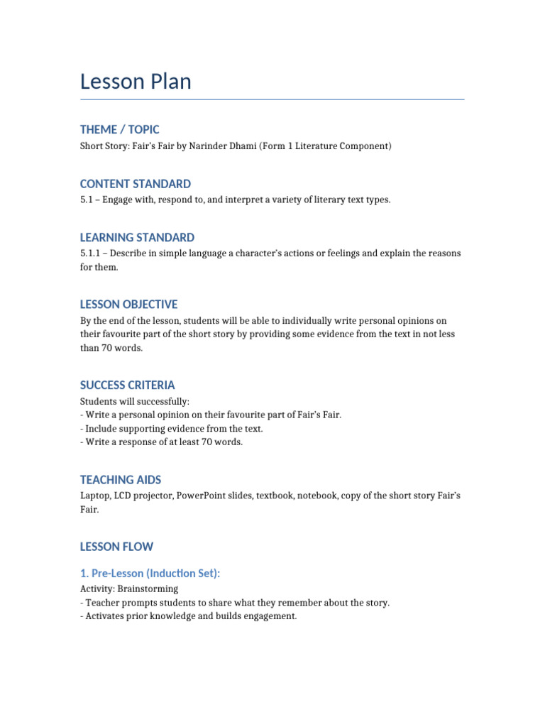 Lesson Plan for "Fair’s Fair" Analysis | PDF